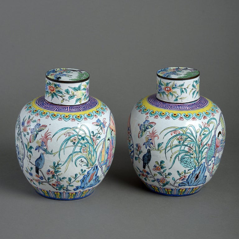 Pair of Canton Enamel Vases and Covers at 1stDibs