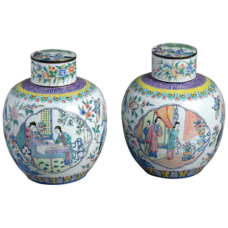 Pair of Canton Enamel Vases and Covers at 1stDibs