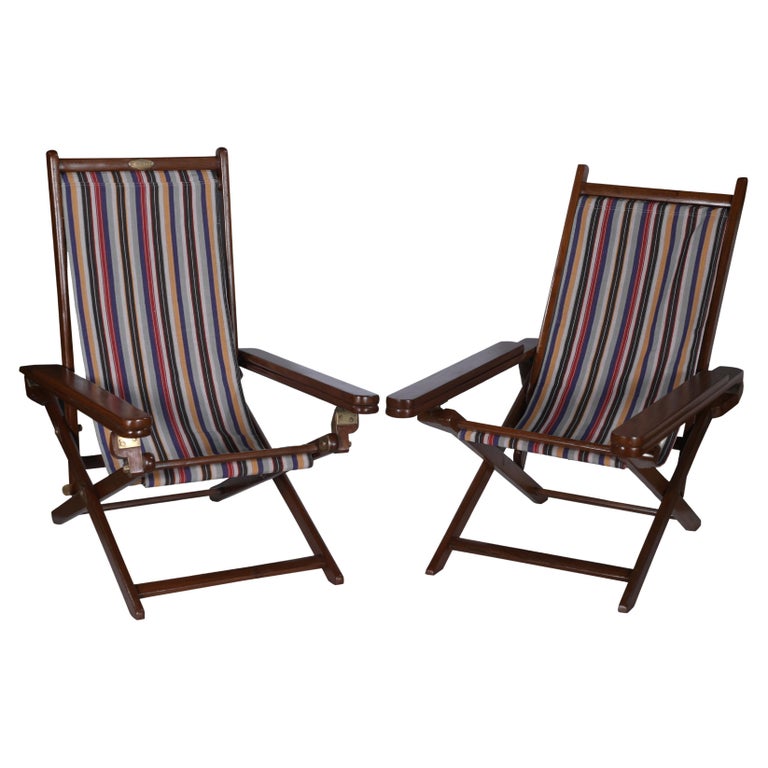 Pair of Canvas Sling-Back Campaign Folding, Adjustable Teak Chairs w ...