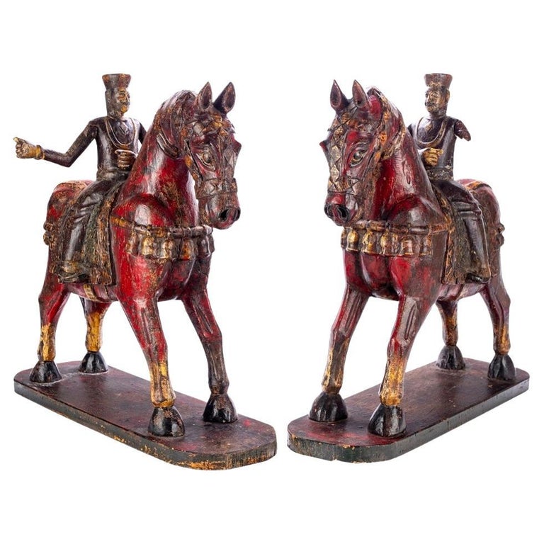Pair of Carved and Painted India Raj Figures on Horseback For Sale at ...