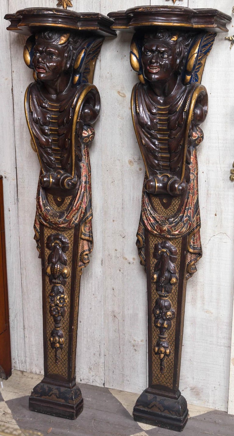 Pair of Carved and Painted Wood "Devilish" Pilasters For Sale at 1stDibs