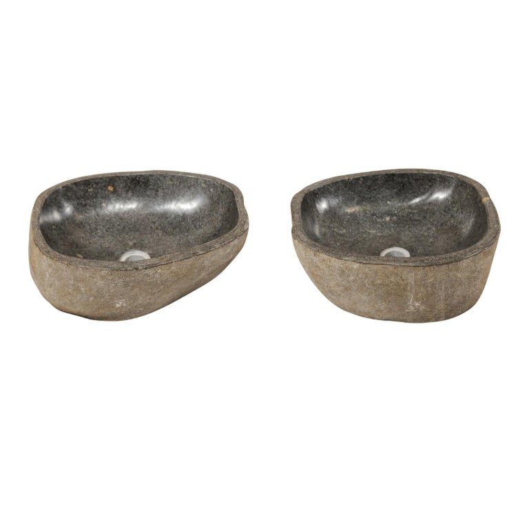 Pair of Carved and Polished Grey River Rock Sink Basins at 1stDibs