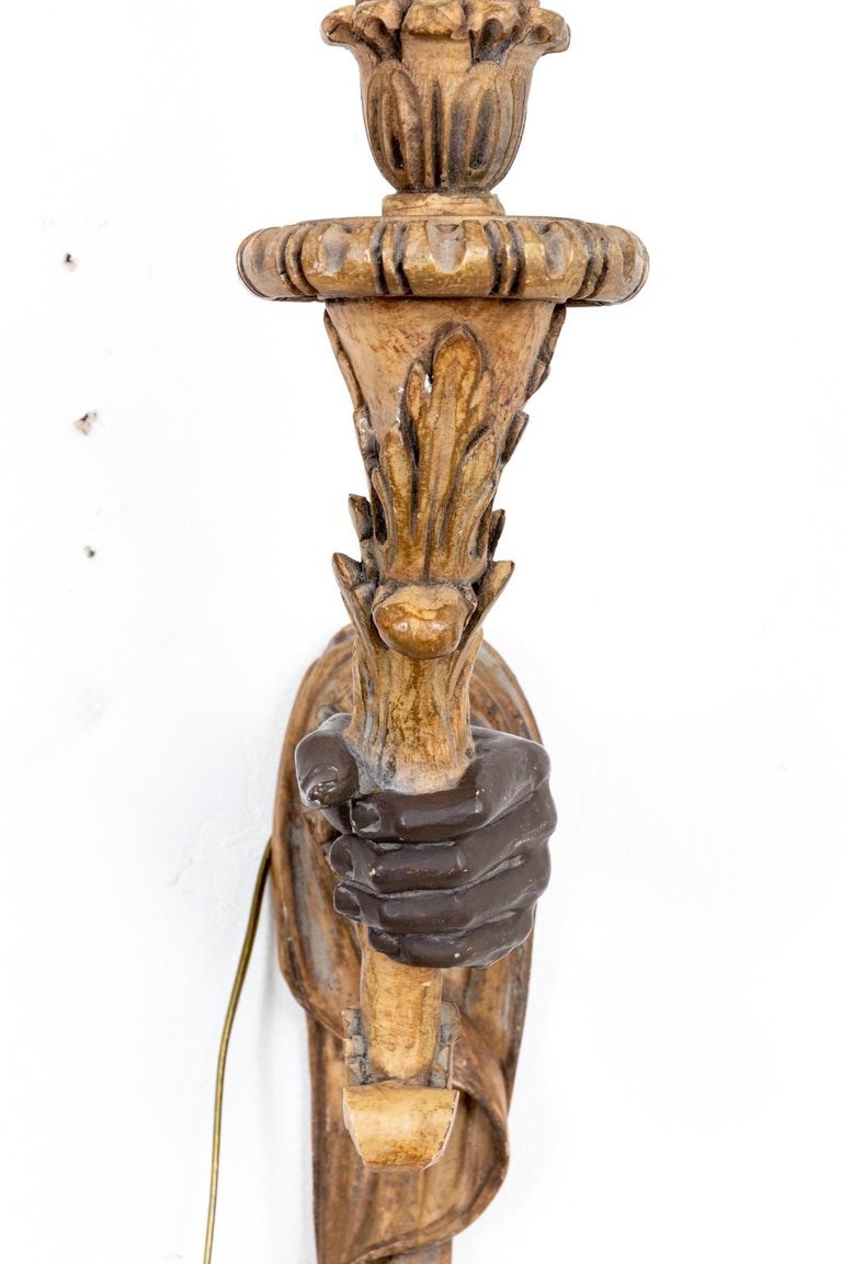 Pair of Carved Hand Painted Sconces For Sale at 1stDibs
