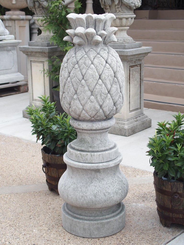 Pair of Carved Limestone Pineapple Finials on Pedestals For Sale at 1stDibs