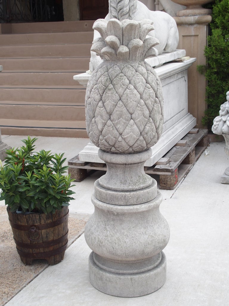 Pair of Carved Limestone Pineapple Finials on Pedestals For Sale at 1stDibs