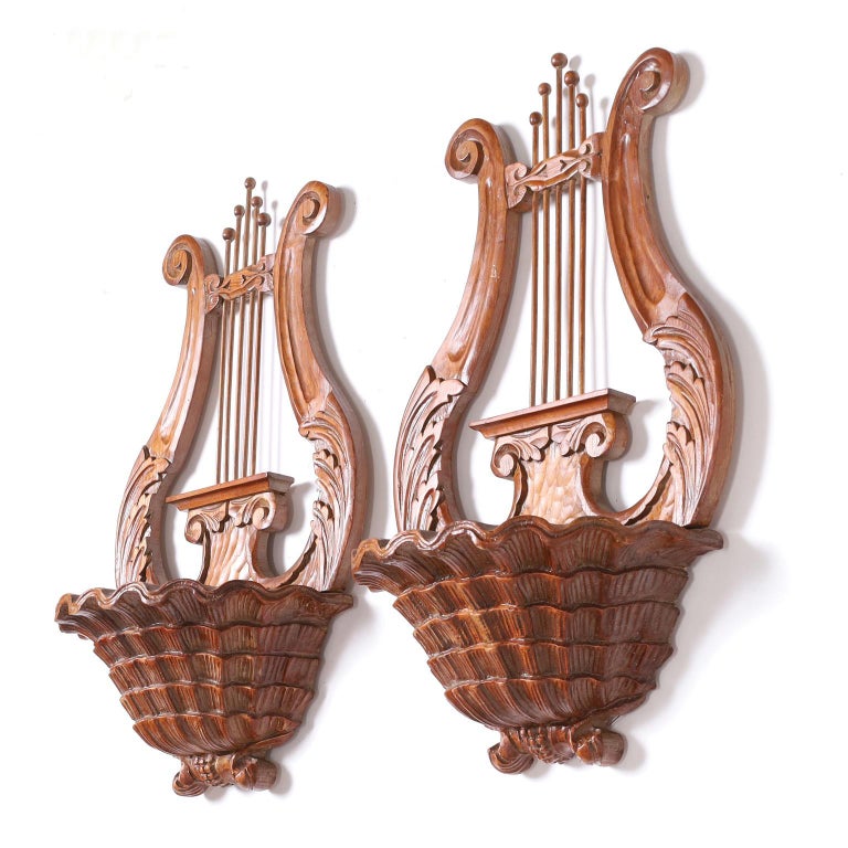 Pair of Carved Mahogany Lyre Form Wall Sconces For Sale at 1stDibs