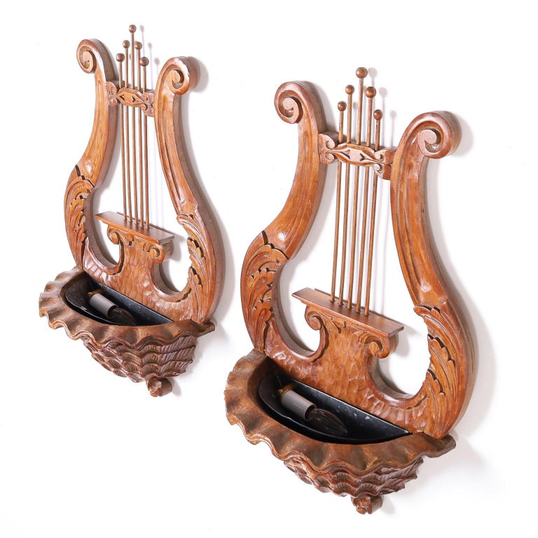 Pair of Carved Mahogany Lyre Form Wall Sconces For Sale at 1stDibs
