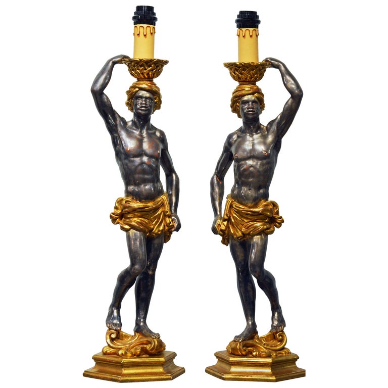 Pair of Carved Midcentury Italian Table Lamps in the Form of Male ...