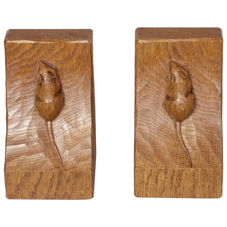 Pair of Carved Oak Bookends by Robert 'Mouseman' Thompson at 1stDibs