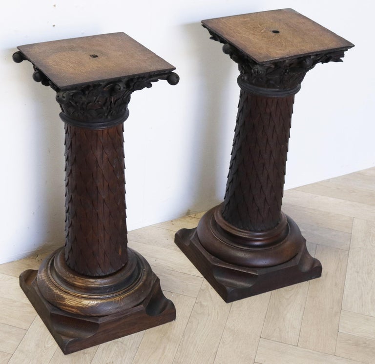 Pair of Carved Oak Pedestals For Sale at 1stDibs