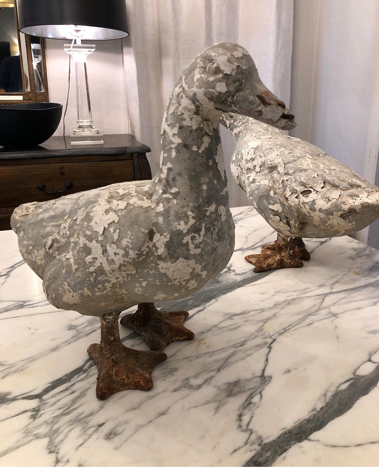 Pair of Carved Stone Ducks with Iron Webbed Feet, circa 1930s at 1stDibs
