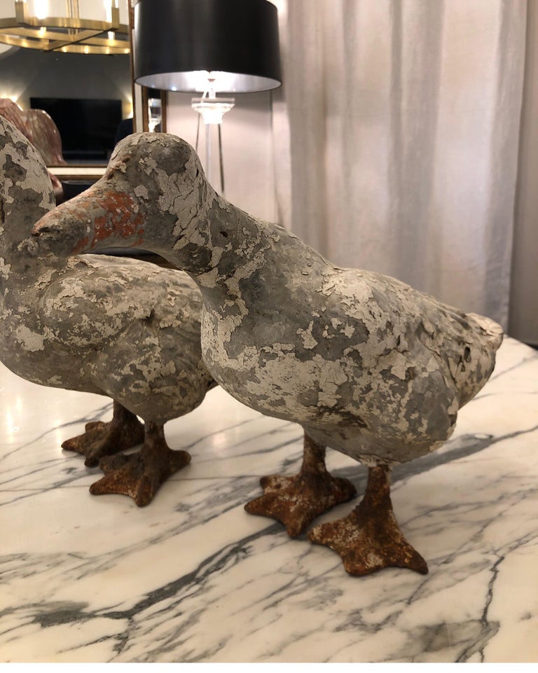 Pair of Carved Stone Ducks with Iron Webbed Feet, circa 1930s at 1stDibs