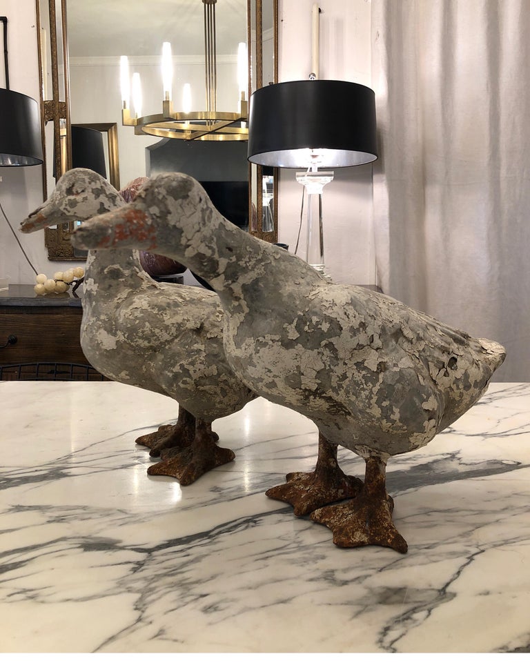 Pair of Carved Stone Ducks with Iron Webbed Feet, circa 1930s at 1stDibs