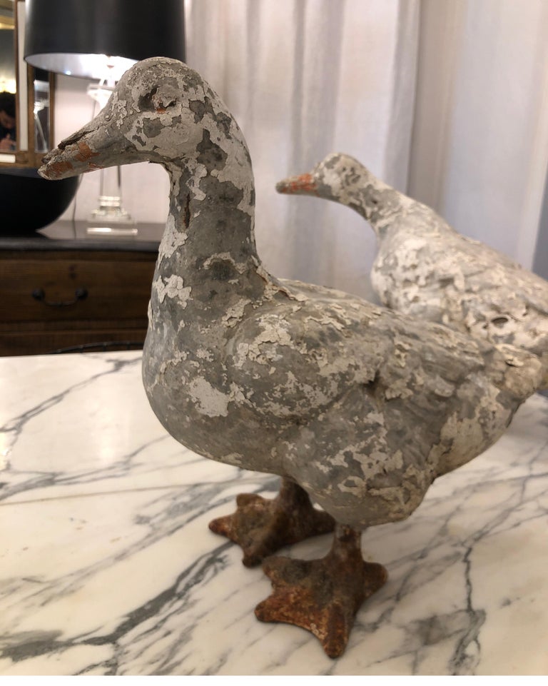 Pair of Carved Stone Ducks with Iron Webbed Feet, circa 1930s at 1stDibs