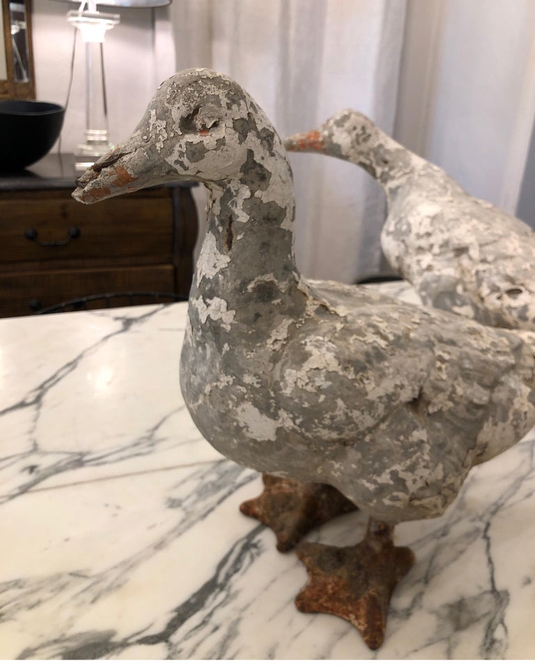 Pair of Carved Stone Ducks with Iron Webbed Feet, circa 1930s at 1stDibs