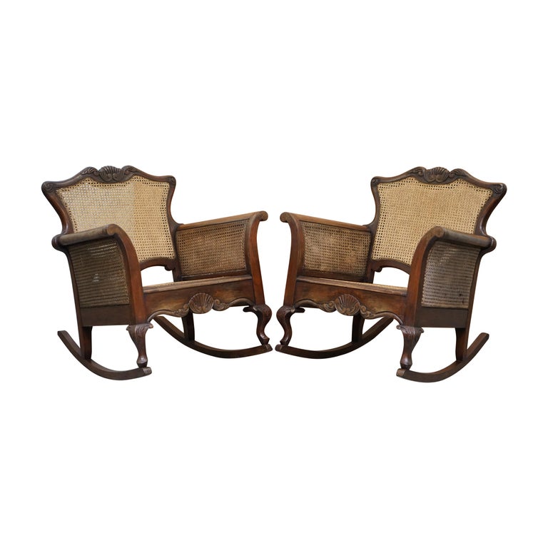 Pair of Carved Wood circa 1920s Italian Berger Rattan Rocking Armchair ...