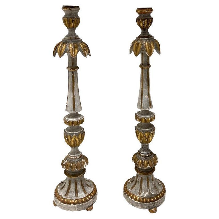 Pair of Carved Wood Gilded Candlesticks For Sale at 1stDibs