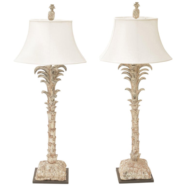 Pair of Carved Wood Palm Tree Form Table Lamps For Sale at 1stDibs