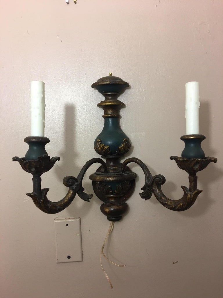 Pair of Carved Wood Two-Light Teal Color Sconces, Early 20th Century ...