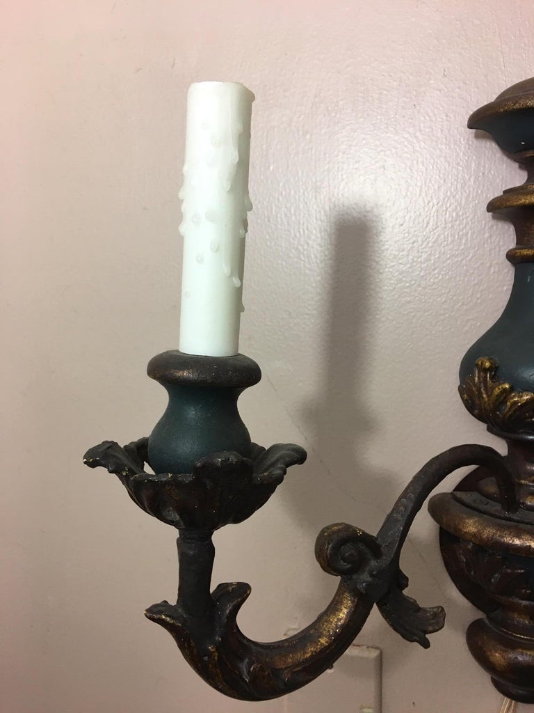 Pair of Carved Wood Two-Light Teal Color Sconces, Early 20th Century ...