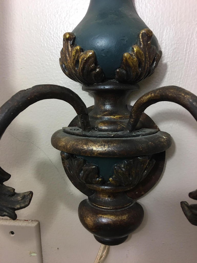 Pair of Carved Wood Two-Light Teal Color Sconces, Early 20th Century ...