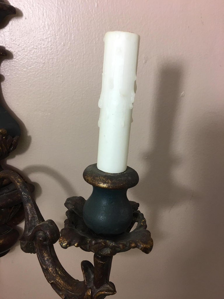 Pair of Carved Wood Two-Light Teal Color Sconces, Early 20th Century ...