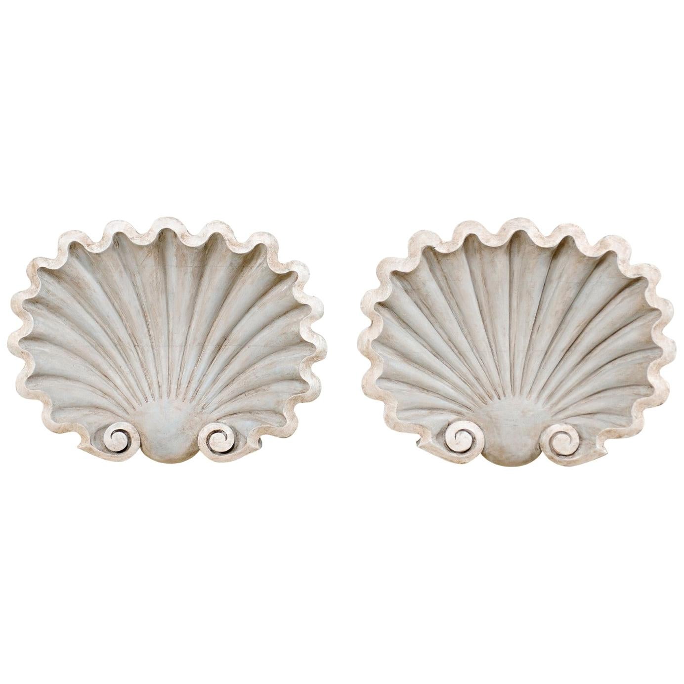Pair of Carved Wood Wall Plaques in Beautiful Clam Shell Design at 1stDibs