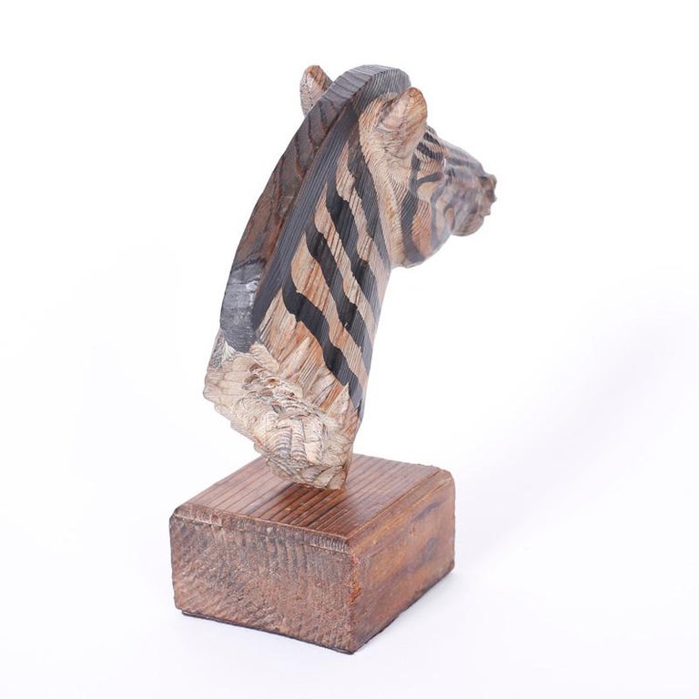 Pair of Carved Wood Zebra Heads For Sale at 1stDibs