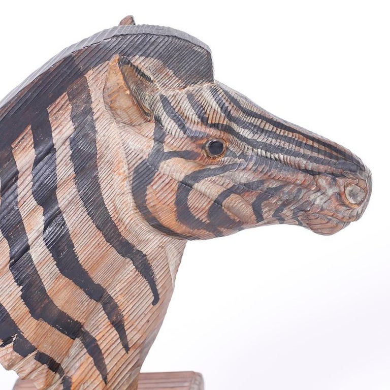 Pair of Carved Wood Zebra Heads For Sale at 1stDibs
