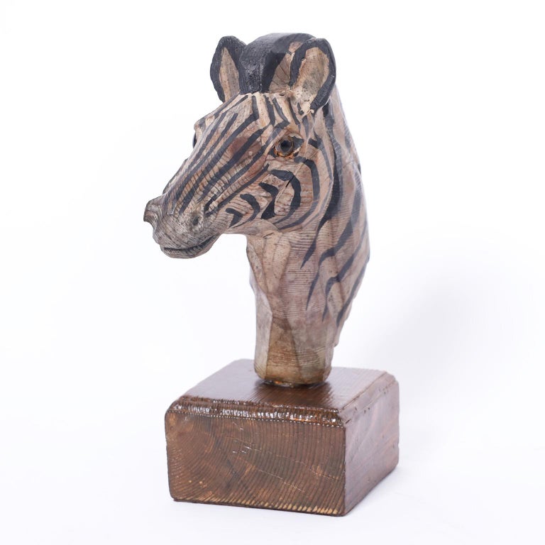 Pair of Carved Wood Zebra Heads For Sale at 1stDibs