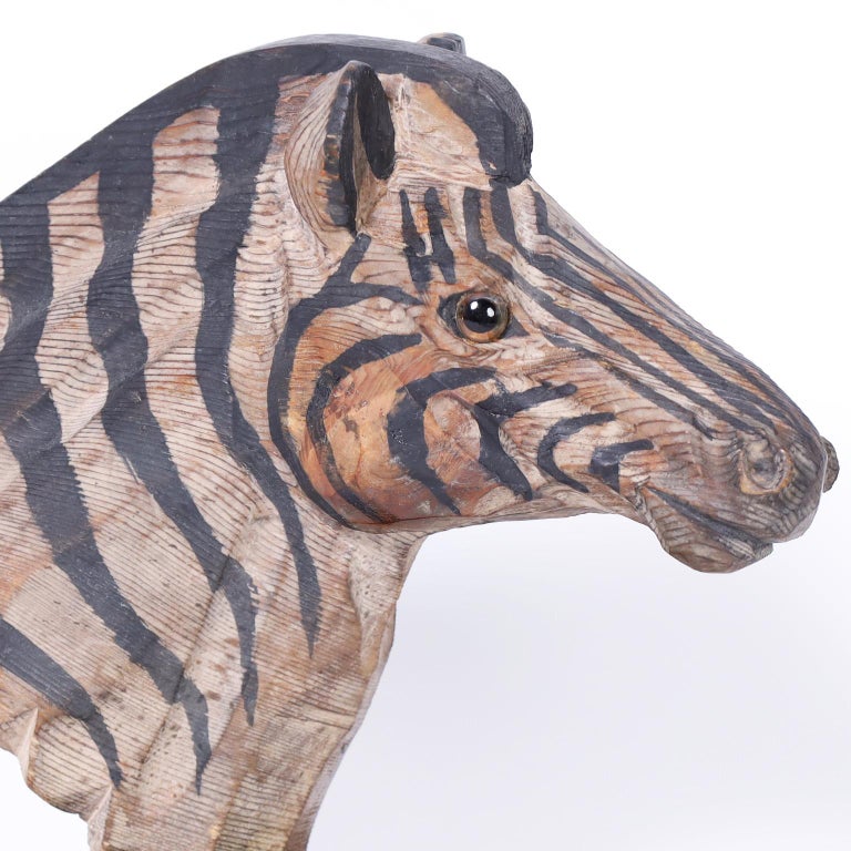 Pair of Carved Wood Zebra Heads For Sale at 1stDibs