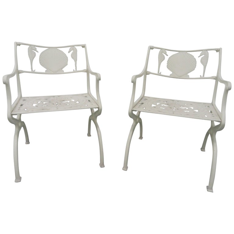 Pair of Cast Aluminum Garden Chairs with Seahorse and Shell Motif ...
