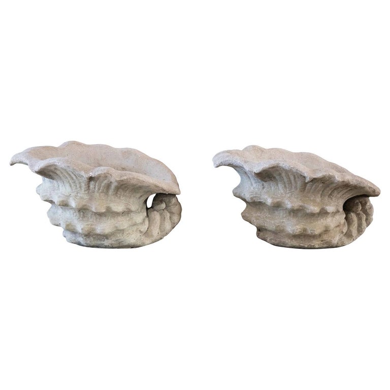 Pair of Cast Cement Shell Planters For Sale at 1stDibs