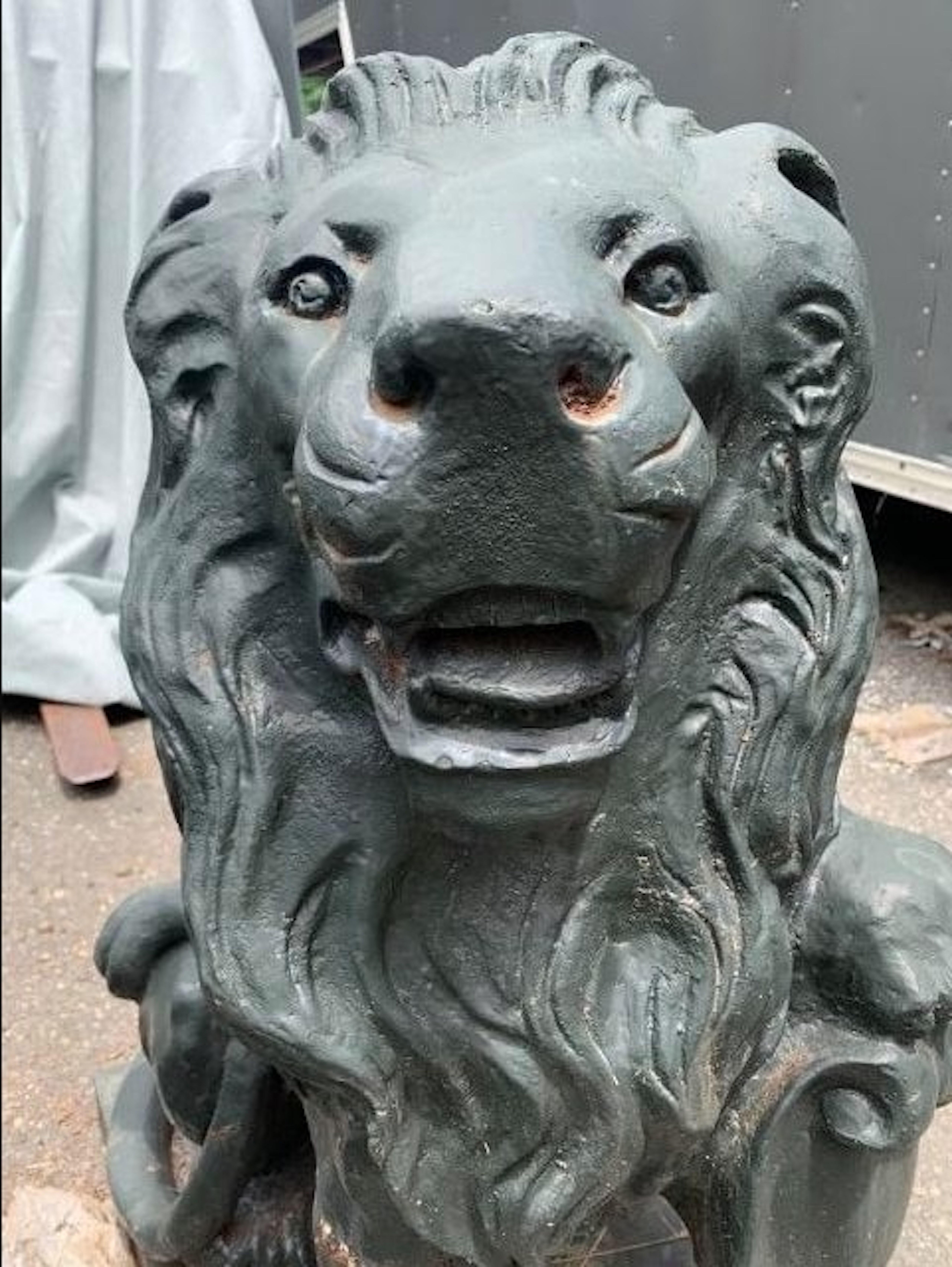 Pair of Cast Iron Lion Statues For Sale at 1stDibs