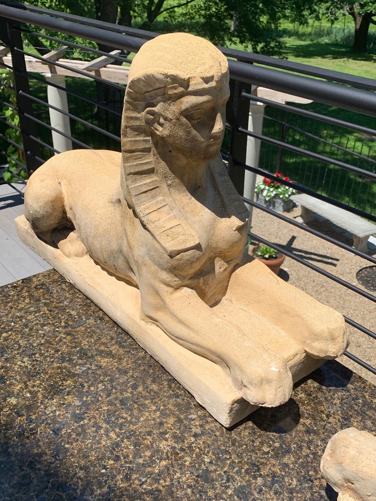 Pair of Cast Limestone Sphinxes For Sale at 1stdibs