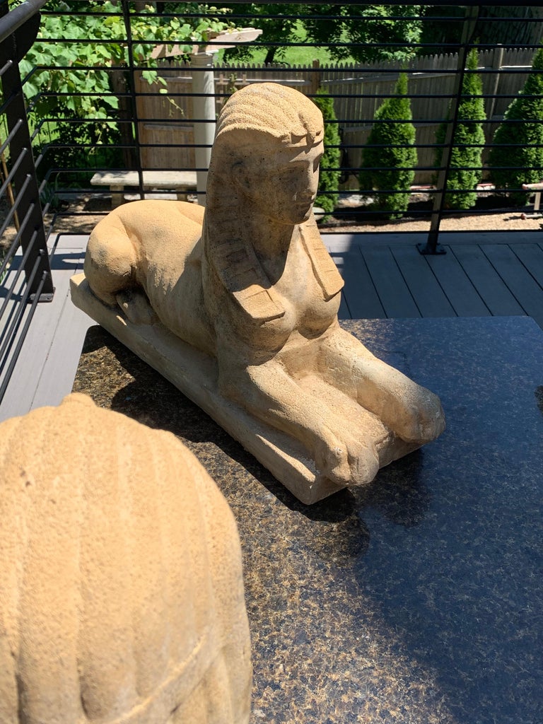 Pair of Cast Limestone Sphinxes For Sale at 1stdibs