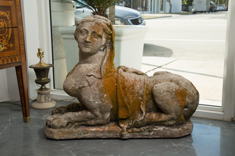 Pair of Cast Stone Egyptian Revival Sphinx Figures at 1stDibs