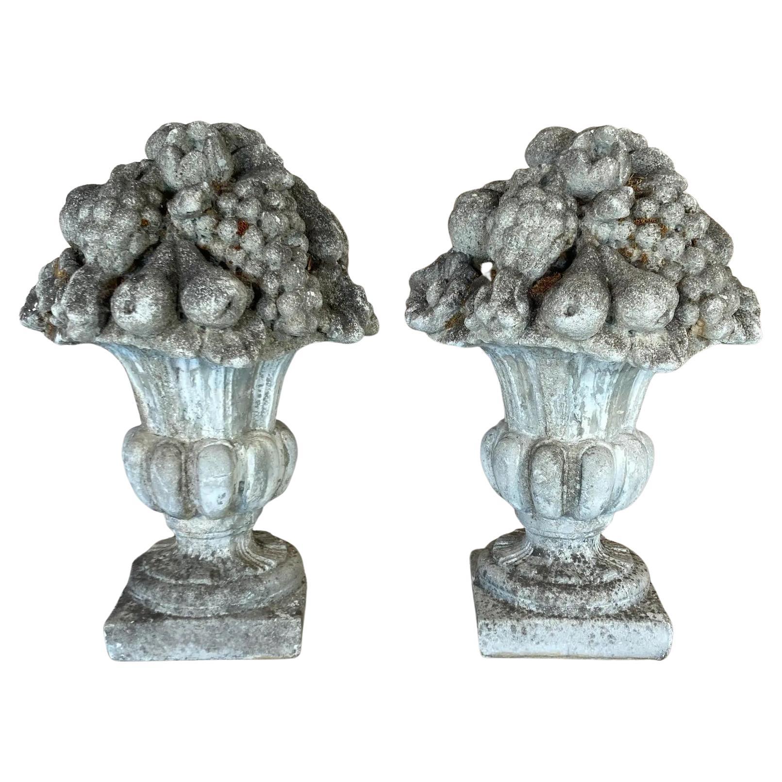 Pair of Weathered Cast Stone Fruit Urns at 1stDibs