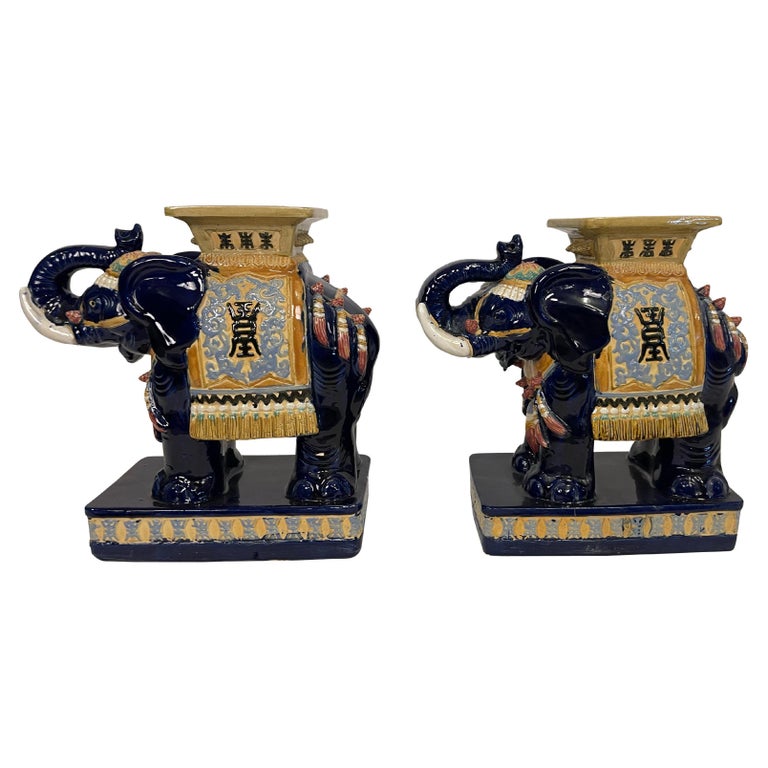 Pair of Ceramic Asian Cobalt Blue Elephant Garden Stools For Sale at ...