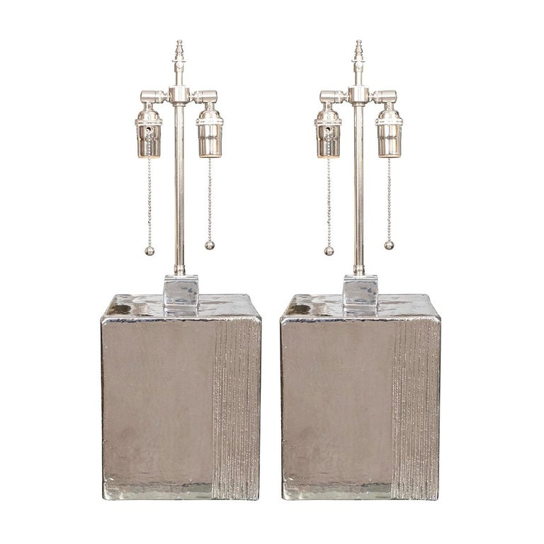 Pair of Ceramic Block Lamps with Metallic Finish For Sale at 1stDibs