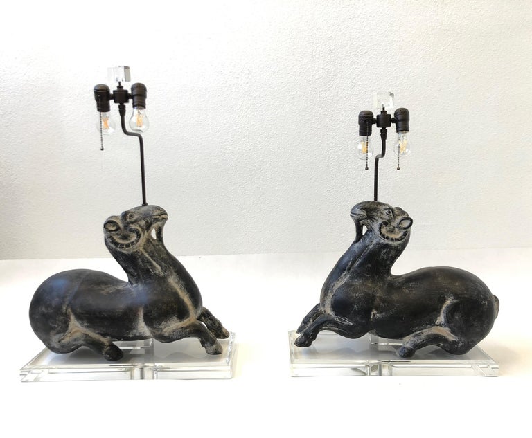 Pair of Ceramic Goats and Lucite Table Lamps by Steve Chase For Sale at ...