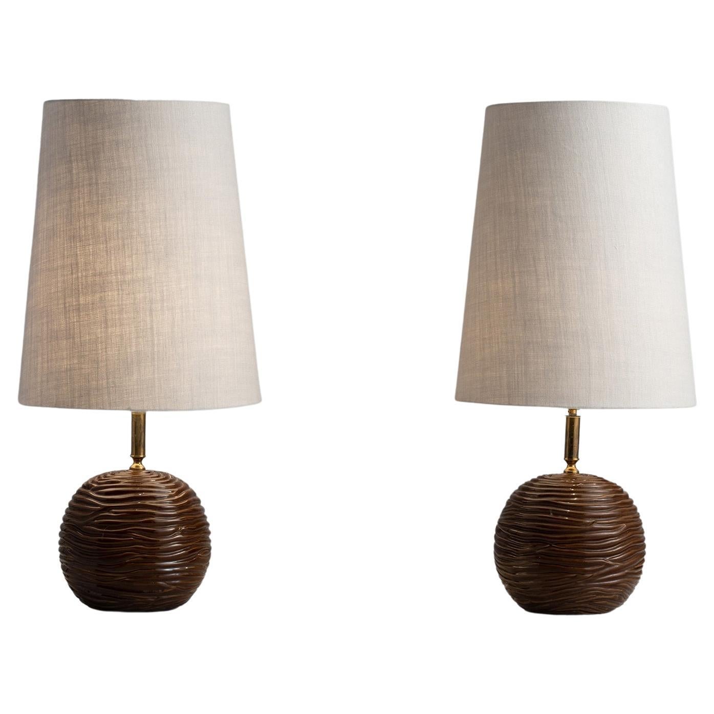 Pair of Orange Ceramic Lamps with Geometric Design, circa 1960 at 1stDibs