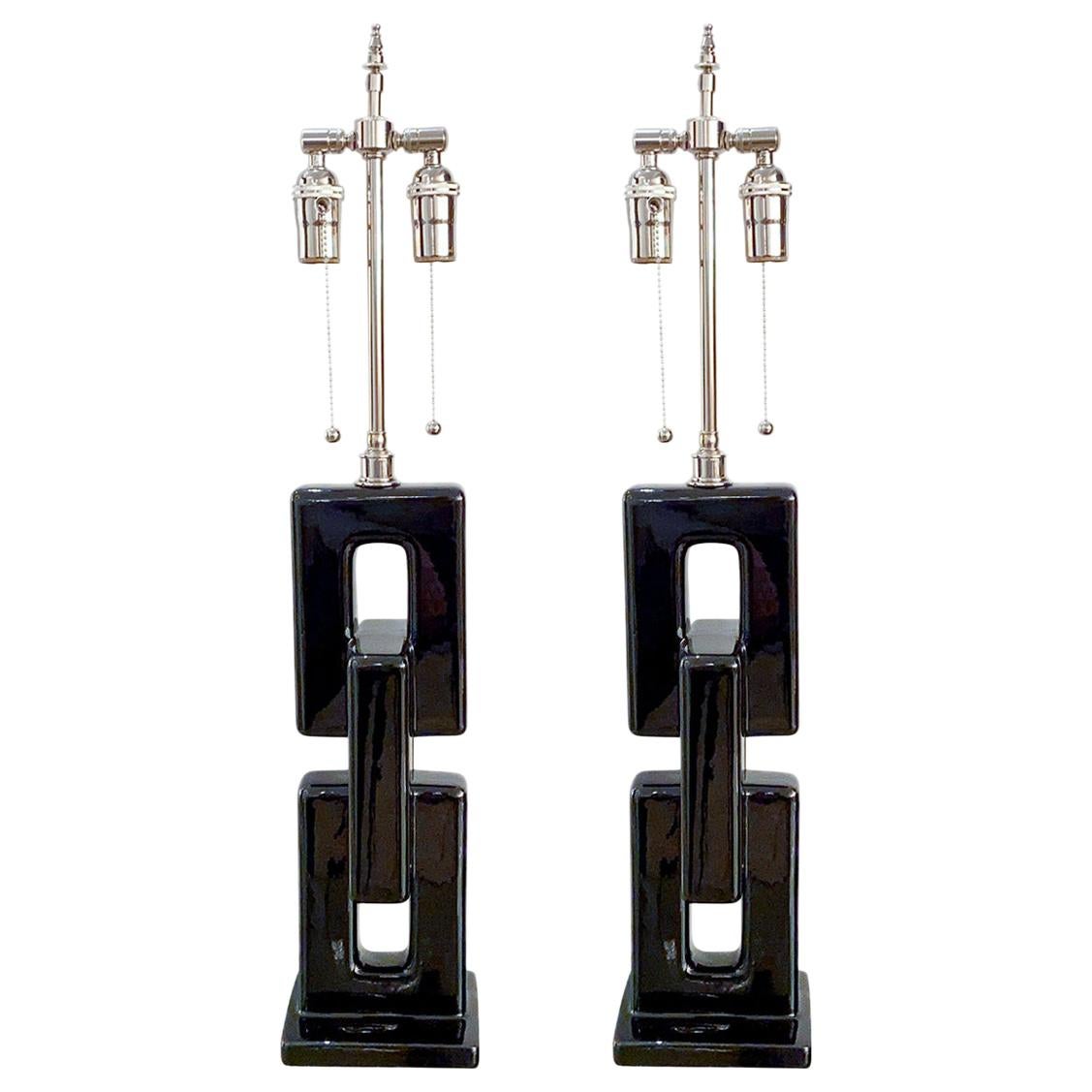 Pair of Horizontal Stripe Ceramic Table Lamps at 1stDibs