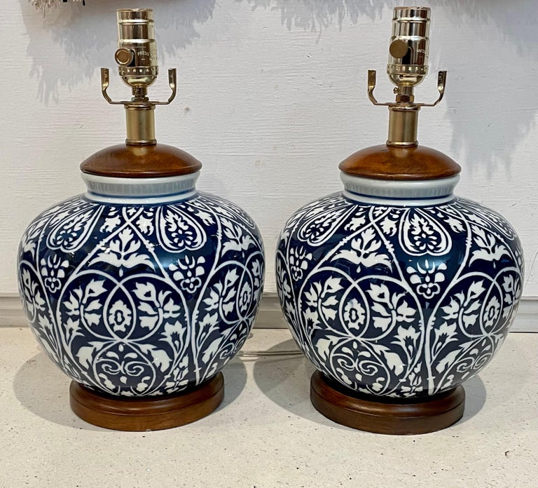 Pair of Ceramic Porcelain and Walnut Ginger Jar Table Lamps by Ralph ...