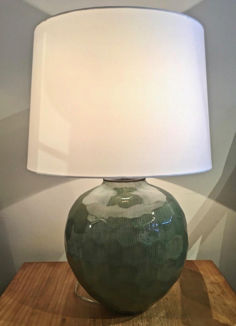 Pair of Ceramic Pottery Lamps, in Green Crackle Glazed Ceramic at 1stDibs