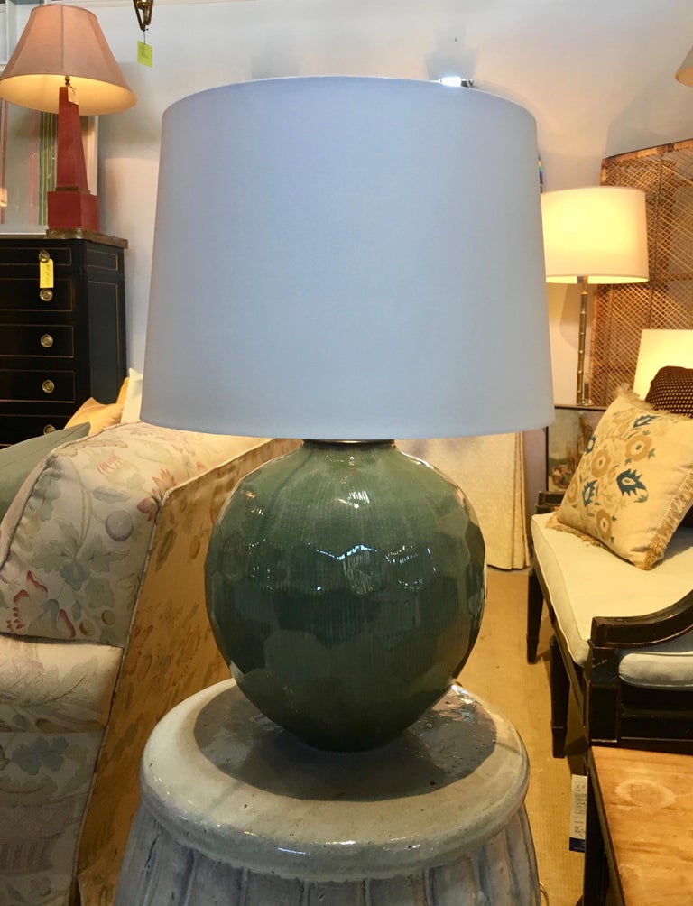 Pair of Ceramic Pottery Lamps, in Green Crackle Glazed Ceramic at 1stDibs