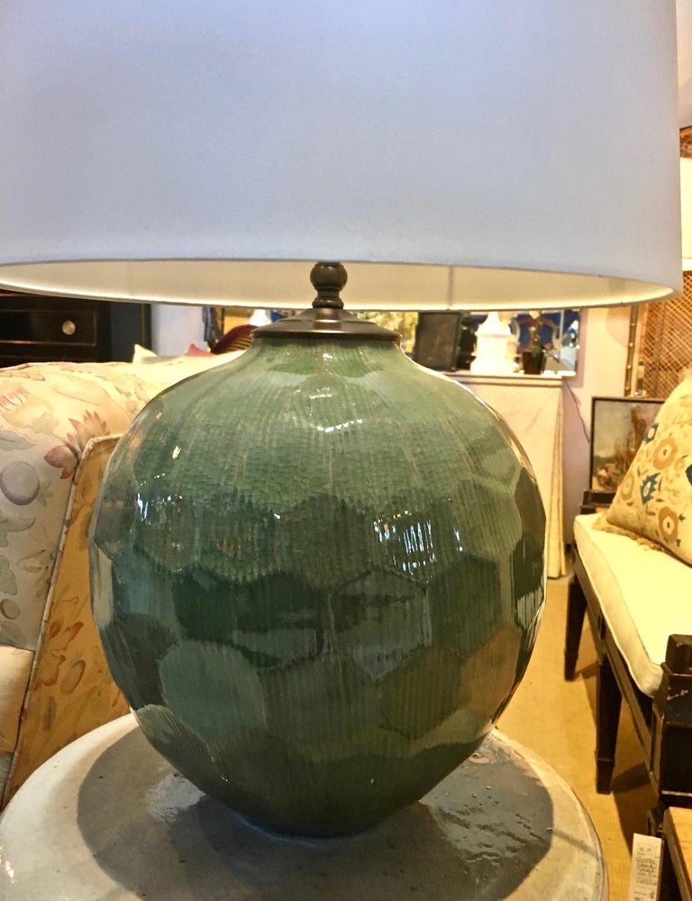Pair of Ceramic Pottery Lamps, in Green Crackle Glazed Ceramic at 1stDibs