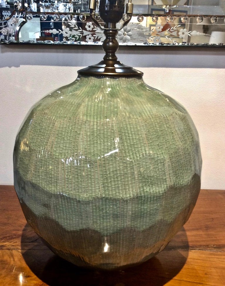Pair of Ceramic Pottery Lamps, in Green Crackle Glazed Ceramic at 1stDibs
