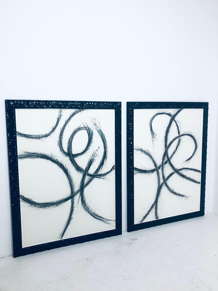 Pair of Charcoal Drawings in Black Lacquer Frames at 1stDibs