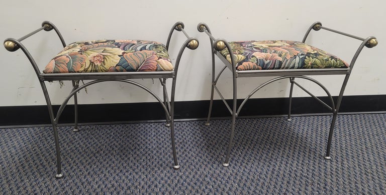 Pair of Charleston Forge Brass and Steel Floral Upholstered Benches For ...